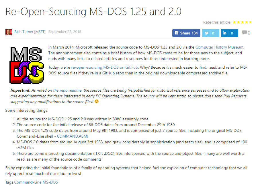 Microsoft、MS-DOS 1.25/2.0のソースコードをGitHub上で公開 - PC Watch