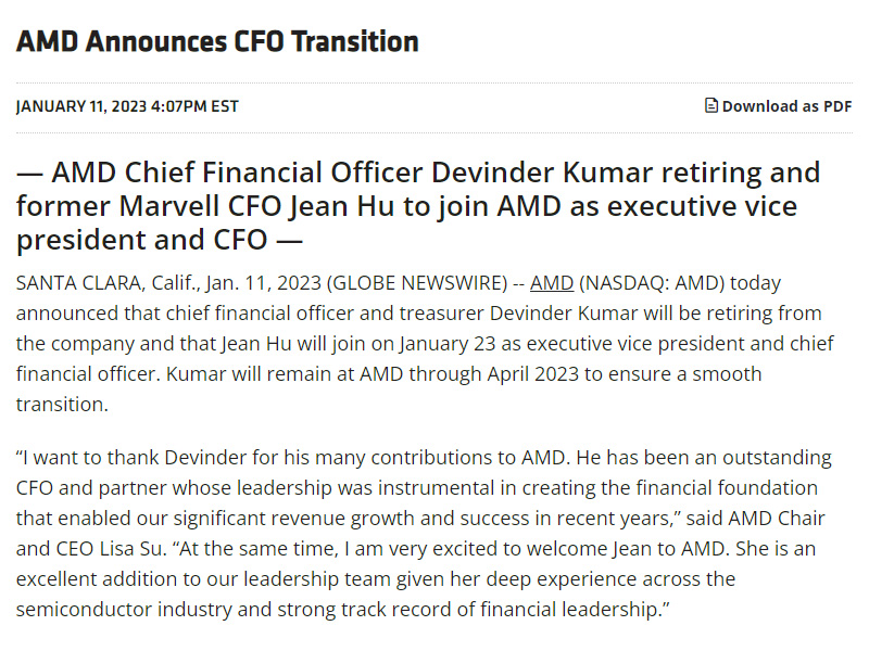 【ニュース・フラッシュ】AMD、CFOが交代。MarvellからJean Hu氏が就任 - PC Watch