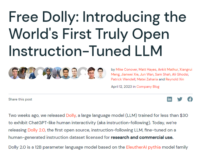 Databricks、ChatGPT風の大規模言語モデル「Dolly 2.0」。オープンソースで商用利用可能 - PC Watch