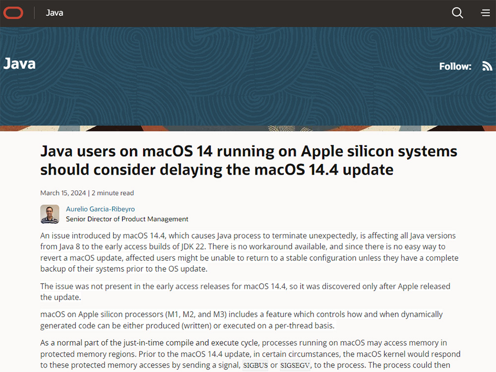 macOS Sonoma 14.4適用後にJavaがクラッシュする不具合。回避策なく、OS更新の延期を - PC Watch